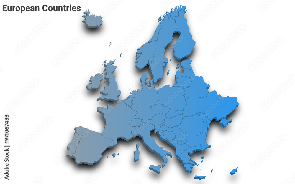 3d render map of Europe all Country with borders and regions, Europe ...