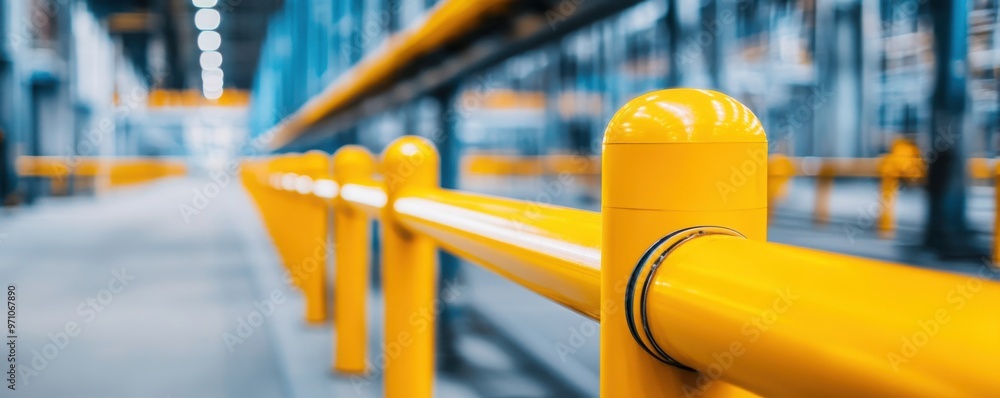 Bright yellow safety railing in a modern industrial environment ...