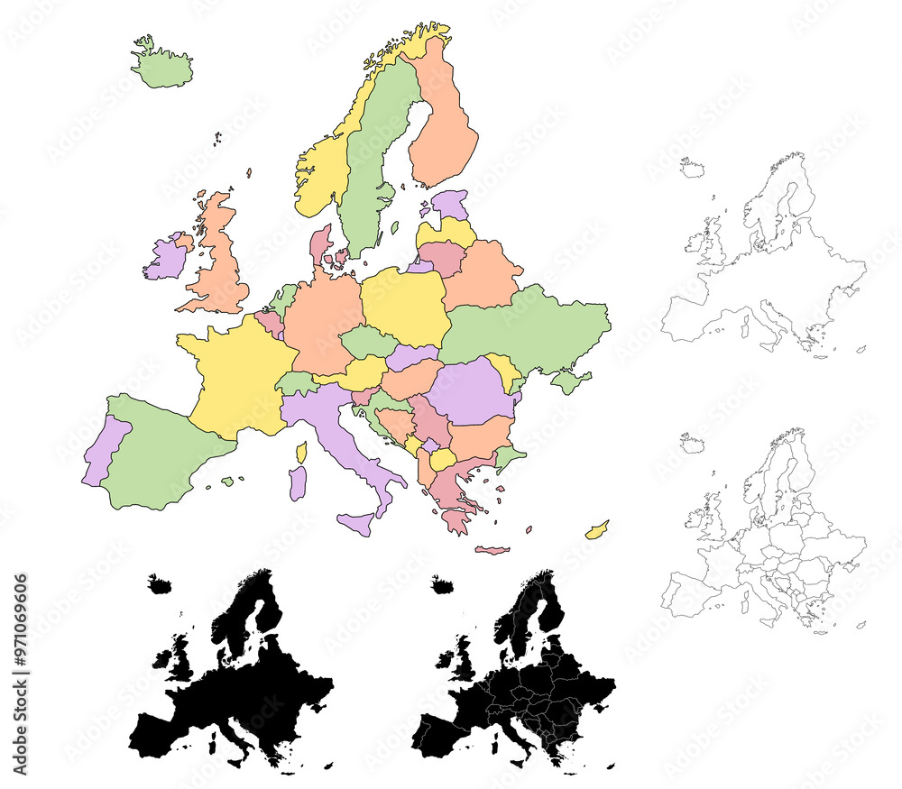 Europe regions administrative map, Europe outline and countries map set ...