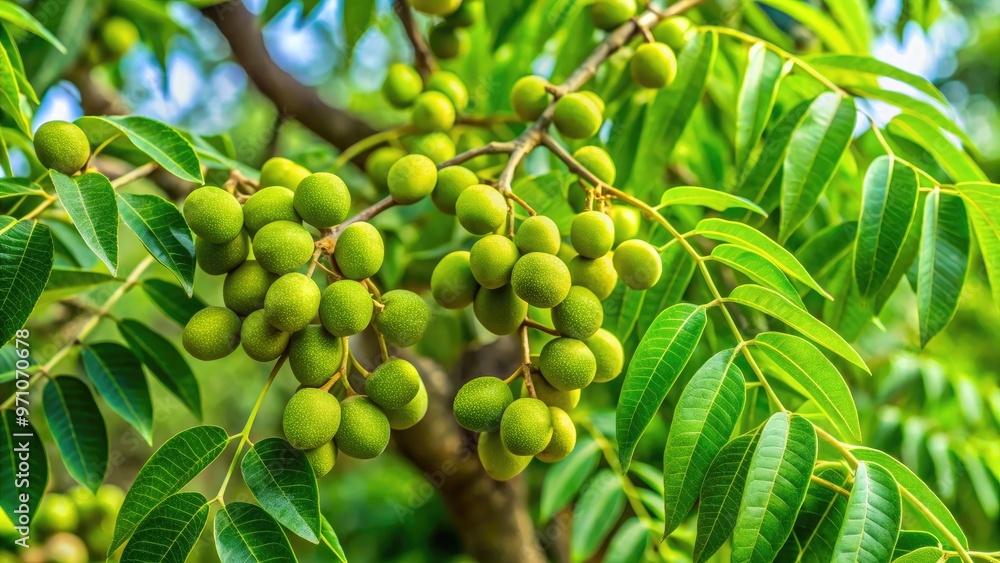 Lush green leaves of the soapberry tree, also known as Sapindus ...