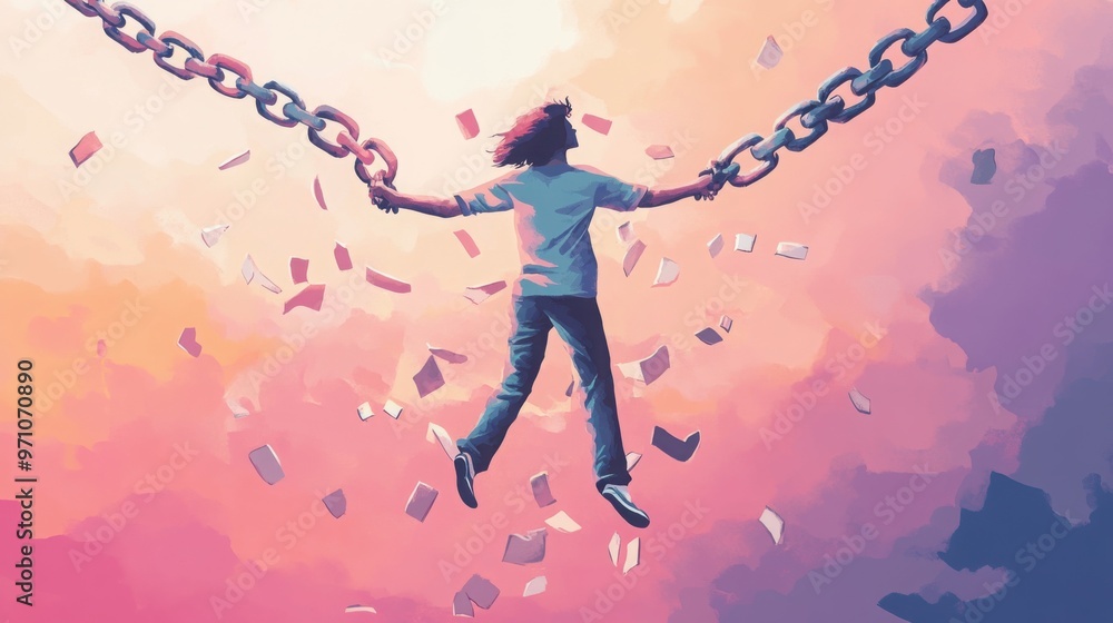 A vector illustration of a person breaking free from shackles, with a ...