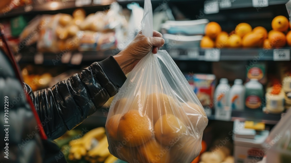 Hand holding a plastic bag filled with groceries in a crowded food ...