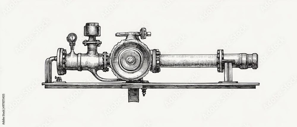 Vintage line art illustration of a suction pump operating by lowering ...