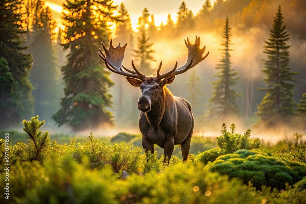 Majestic bull moose stands regally in misty forest dawn, antlers ...