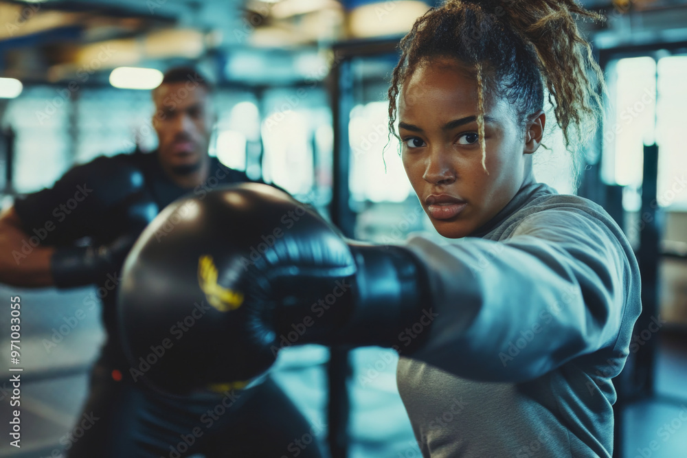 A young adult woman, dressed in modern boxing gear, is working on her ...