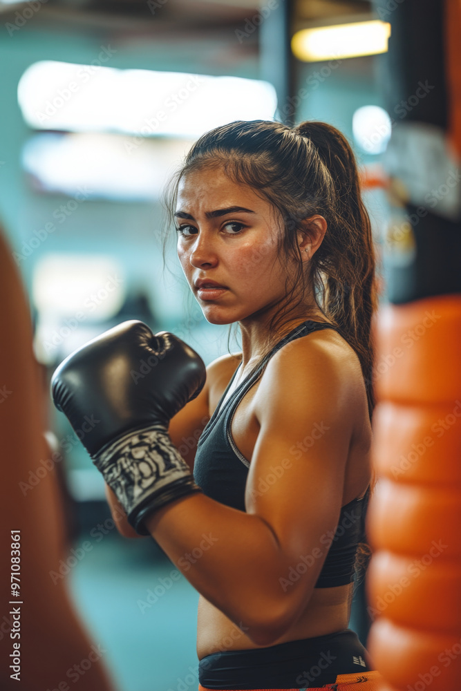 Young Hispanic sportswoman, her muscles tensed, throwing powerful hooks ...