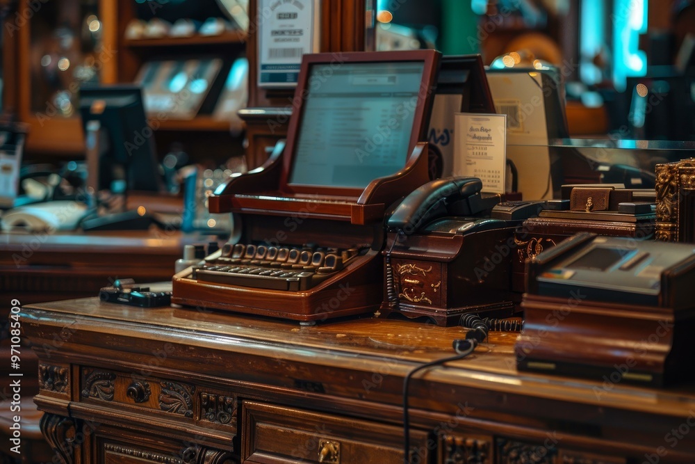 Antique wooden cash register with a vintage typewriter and a modern ...