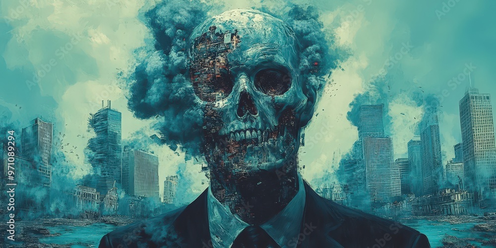 A surreal figure with a skull head stands among crumbling skyscrapers ...