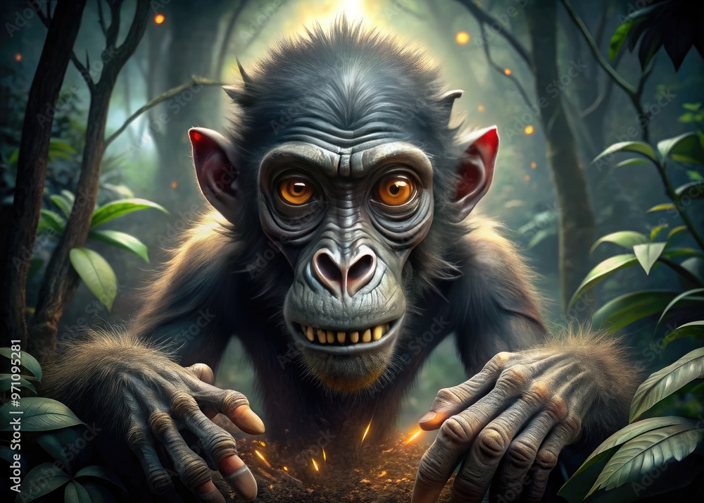 Ominous, glowing-eyed primate lurks in dark, misty jungle, its sinister ...