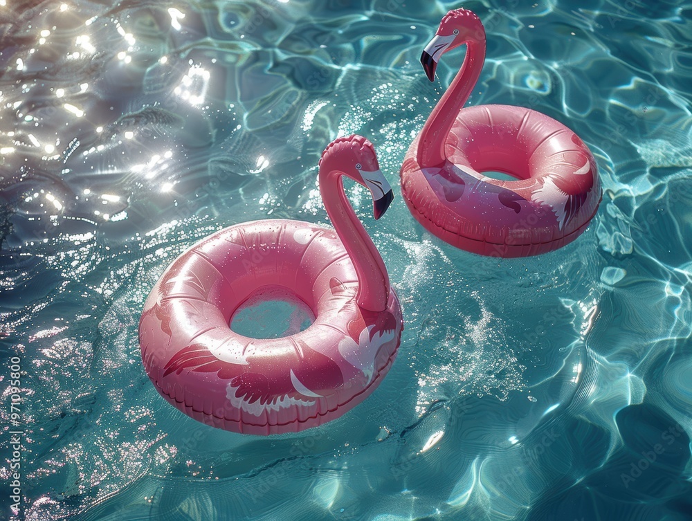 Pink inflatable flamingo pool floats floating in the water of an ...