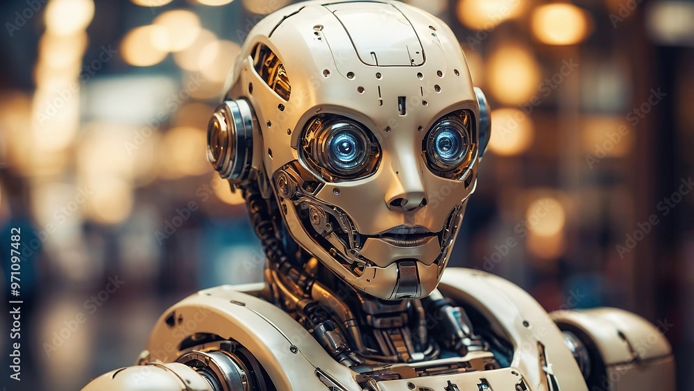 Cybernetic humanoid robot with intricate design in a modern workspace ...