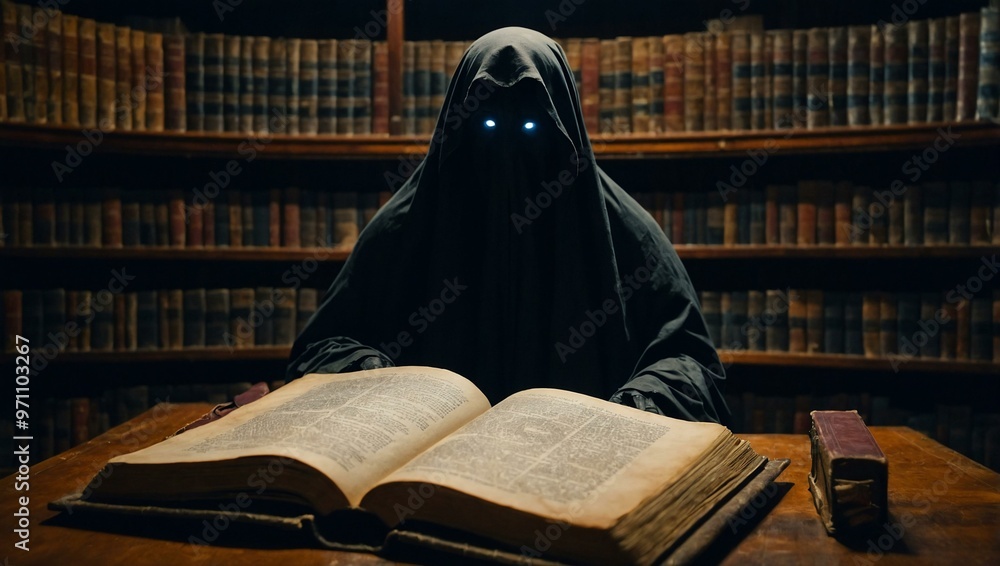 Shadowy ghost emerges from an old book in a dim library. Stock ...