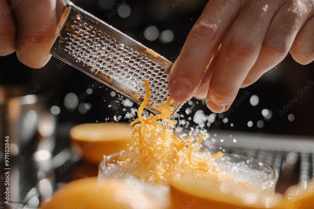 A close-up image captures hands grating citrus zest over a bowl with ...
