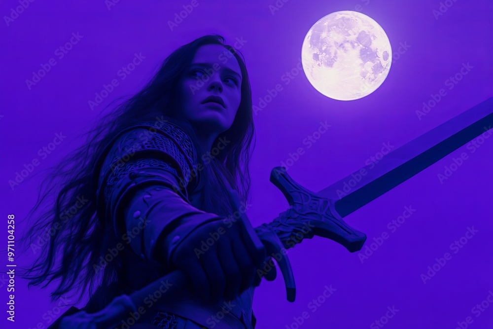 The picture shows a beautiful vampire hunter girl with a long magic ...