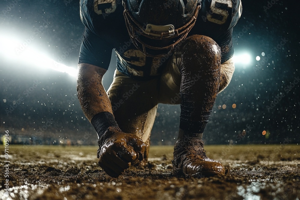 A muddy football player kneels on the field in a determined pose ...