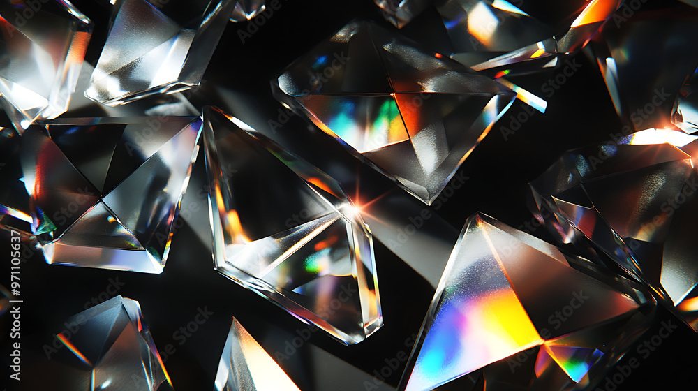 Crystal-clear capture of light refraction through crystal, prismatic effect, black background ...
