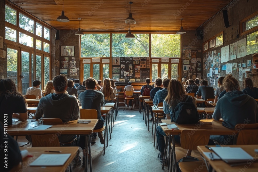 Students sit in a classroom. This photo captures the daily life of ...