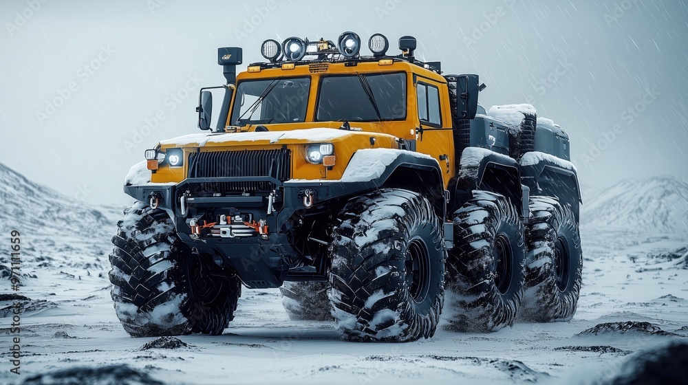 A powerful off-road vehicle traversing a snowy landscape, showcasing ...