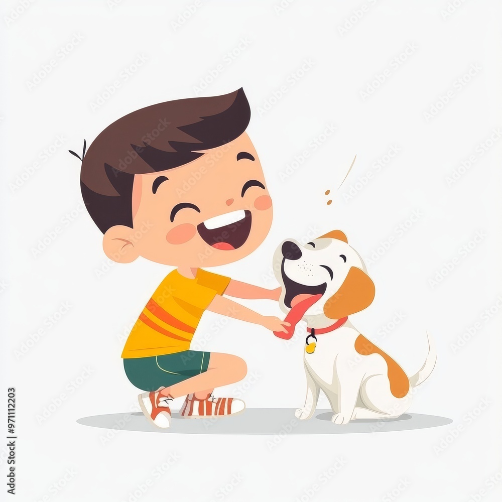 The boy and dog are lovely cartoon characters. The boy lovingly ...