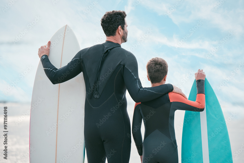 Surfboard, dad and child on beach for back view, sports or exercise on ...