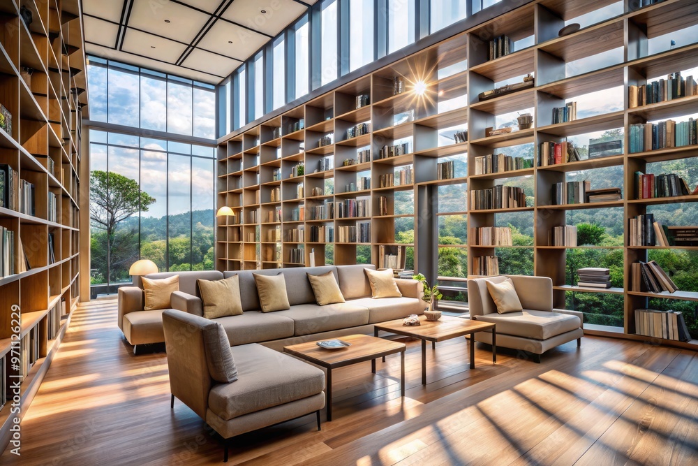 Sleek, angular shelving units lined with rows of books and tablets ...