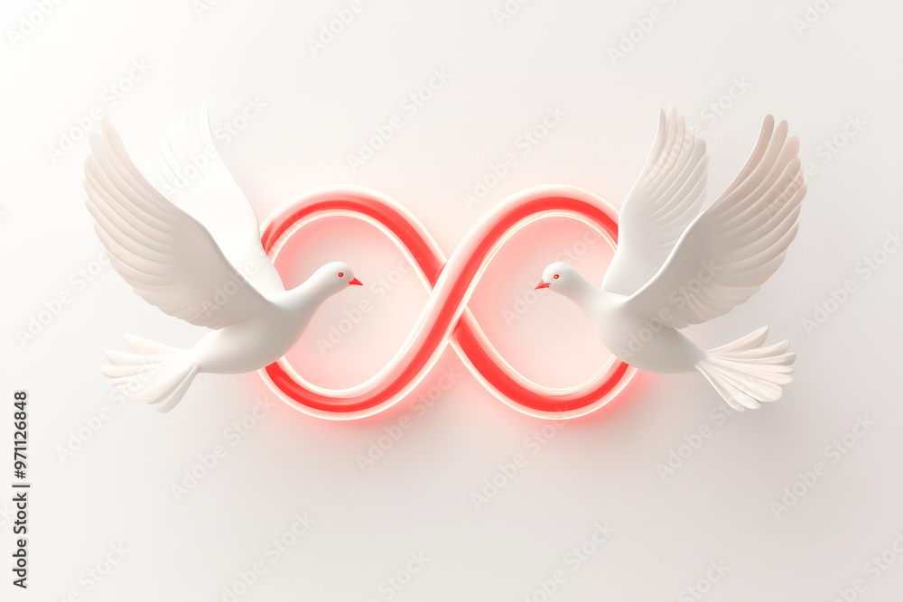 Two elegant doves flying around an infinity symbol, representing ...