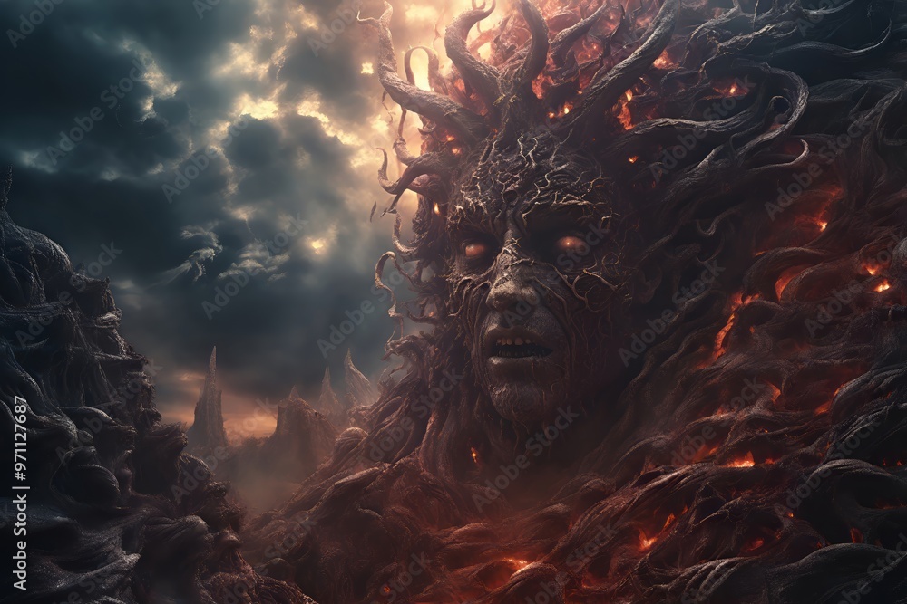 painting of hell of suffering and eternal damnation. monster face Stock ...