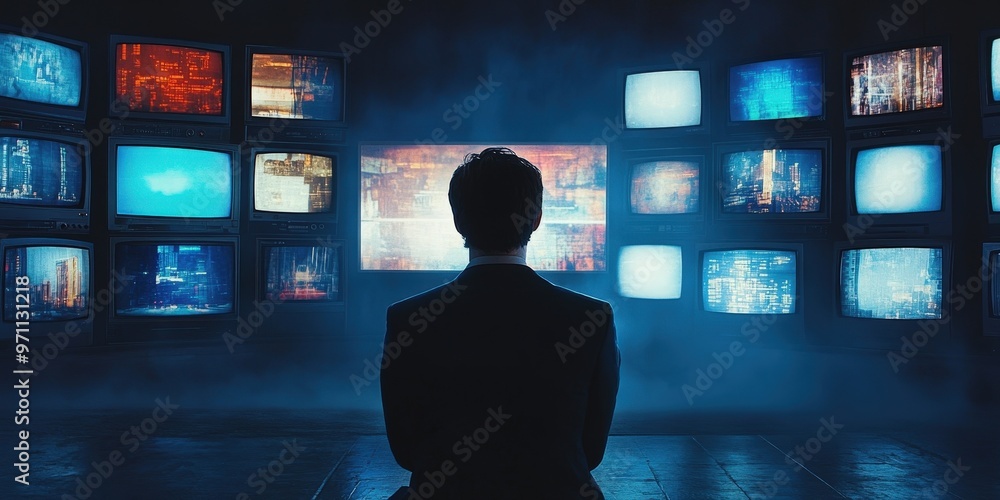 Person sitting in a dark room watching multiple vintage television ...
