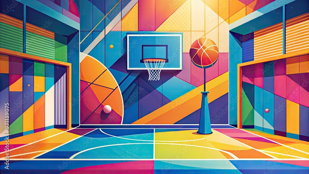 Stylized minimalist illustration of a basketball court with vibrant ...