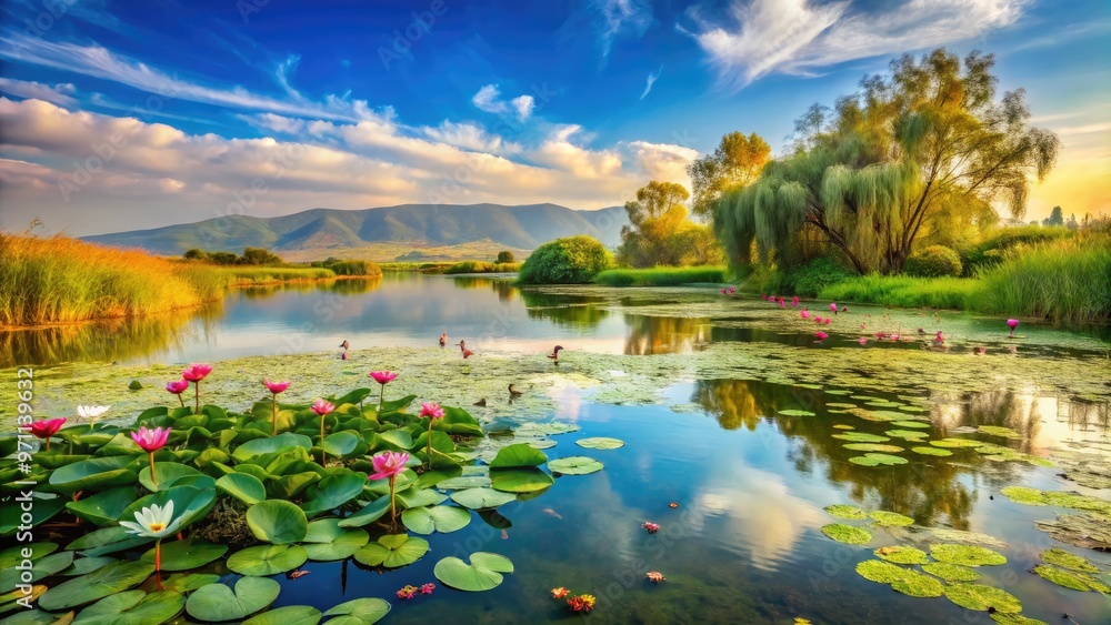 Sun-drenched wetlands of Hula Valley Nature Reserve in Israel, teeming ...