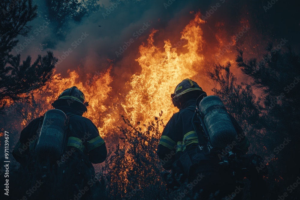 Firefighters face a blazing inferno. This image depicts the courage and ...