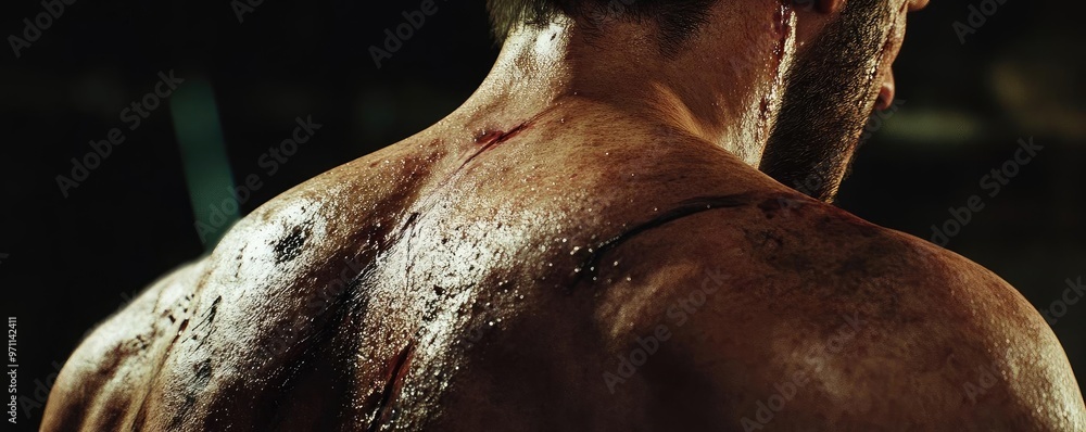 A close-up of a muscular back covered in sweat and dirt, showcasing the ...