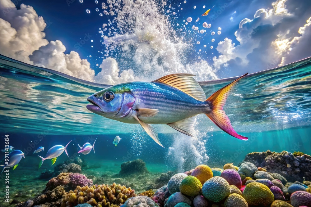 Underwater slow-motion capture of iridescent flying fish bursting out ...