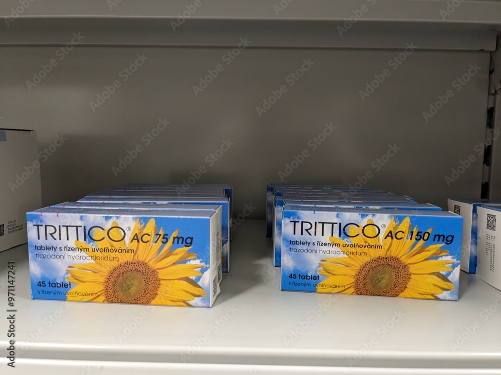Prague, Czech Republic - SEPTEMBER 13 2024: TRITTICO AC 150 mg box of ...