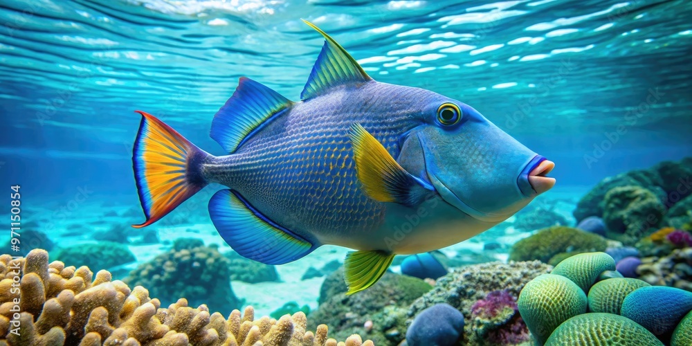 Vibrant blue triggerfish swims horizontally in the crystal-clear ...