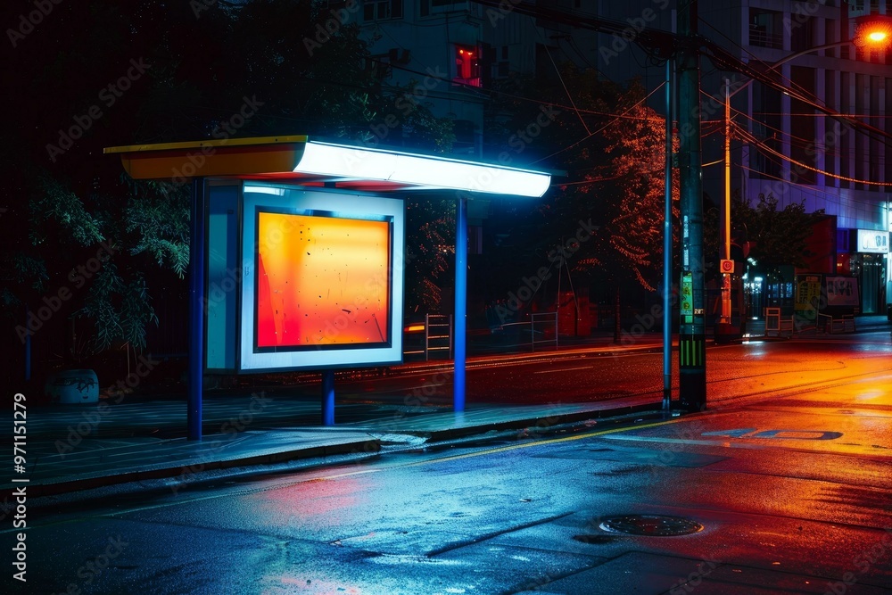 Empty bus stop glowing with orange and blue lights on a wet street at ...