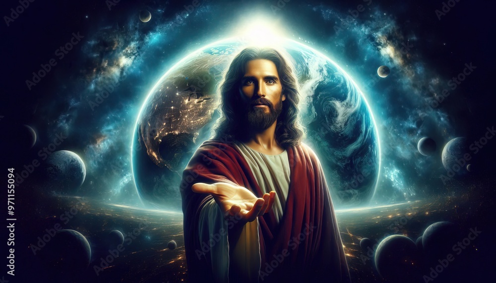 Jesus Christ with an outstretched hand on the background of Planet ...