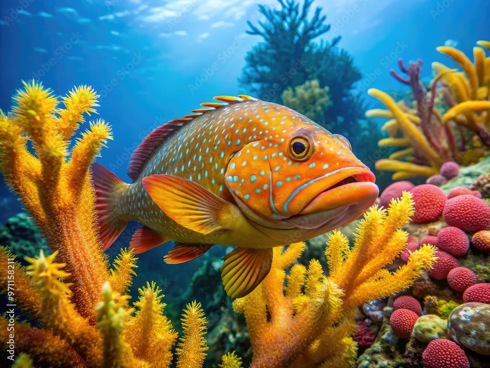 Vibrant coral grouper fish swims near a colorful coral reef, showcasing its yellow and brown ...