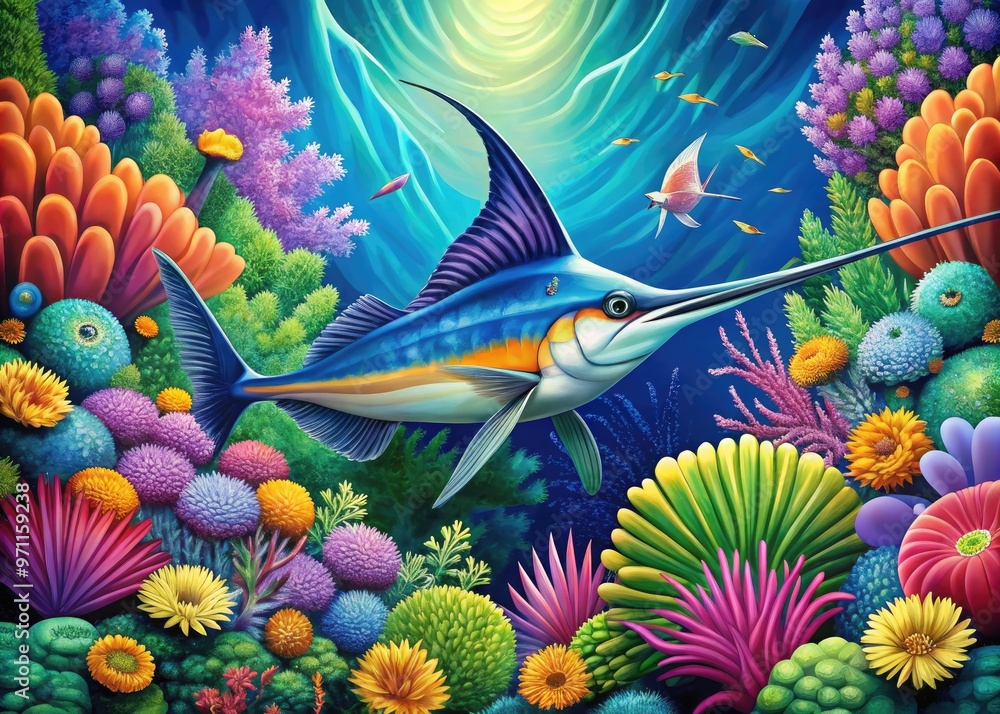 Vibrant, detailed illustration of a swordfish swimming amidst coral and ...