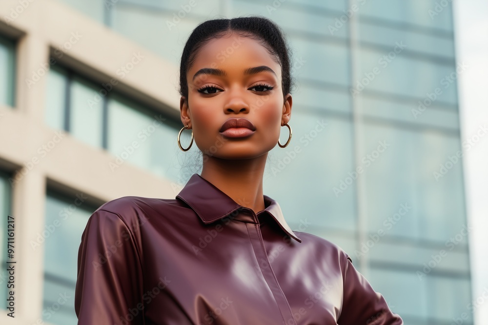 black average looking woman wearing a sleek, dark burgundy leather ...