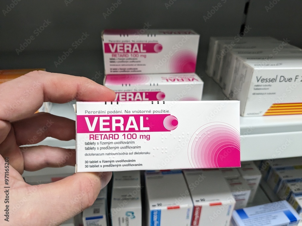 Prague, Czech Republic - SEPTEMBER 13 2024: VERAL box of medication with DICLOFENAC active ...