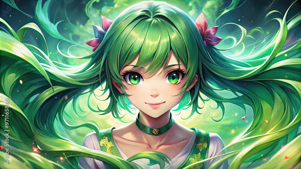 Vibrant green-haired anime girl with bright eyes and colorful attire ...