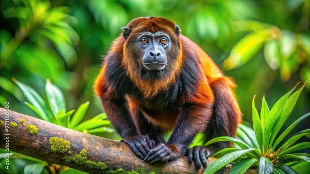 Vibrant howler monkey perches on a tropical tree branch, showcasing its ...