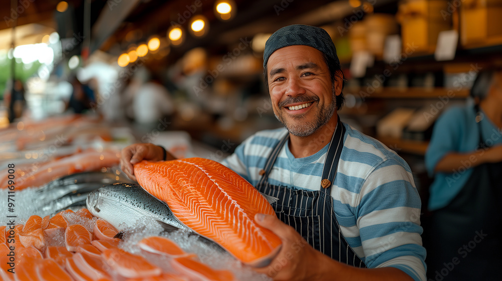 Fishmonger with fresh catch fish market. Healthy seafood concept for ...