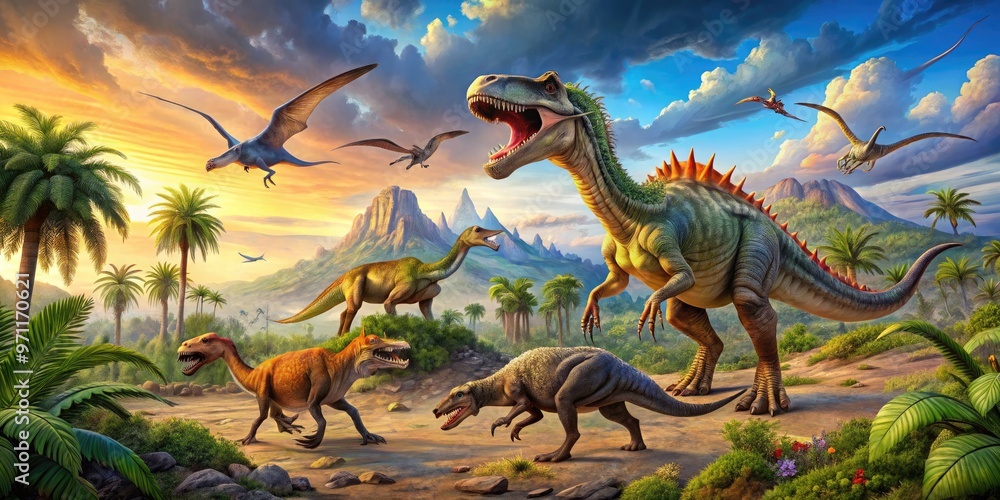 Vibrant illustration of diverse dinosaurs, including Tyrannosaurus Rex ...