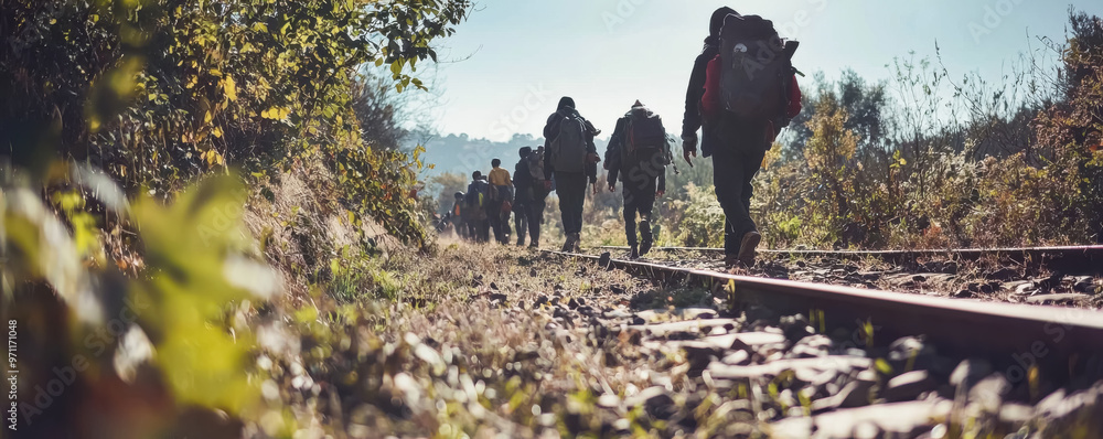 Trail of the Displaced. A panoramic photo of a group of diverse ...