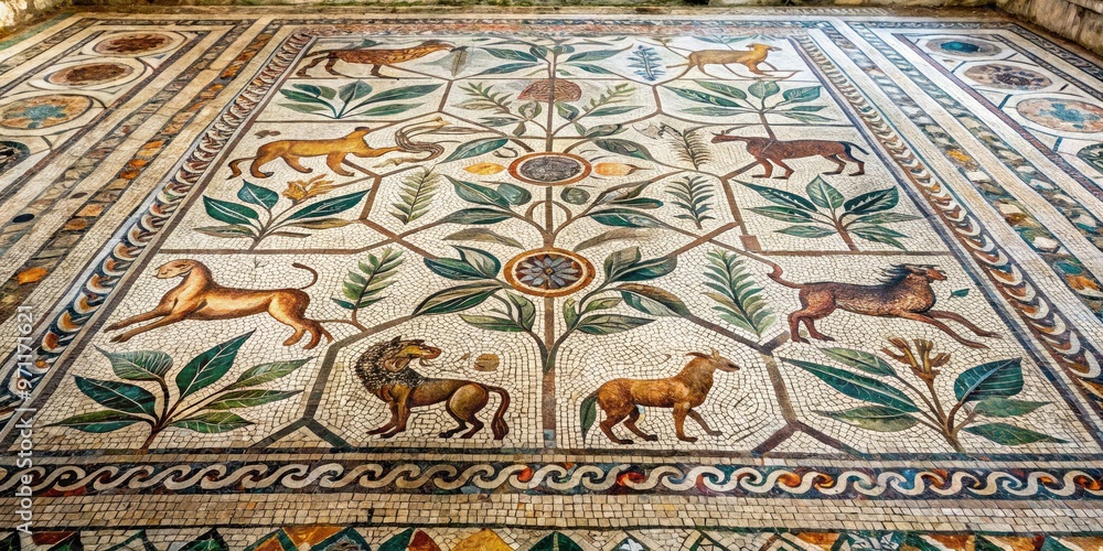 Vibrant, intricately arranged ancient Roman mosaic tiles depicting ...