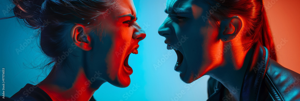 Poster Conflict in communication: two people in a heated argument, with ...