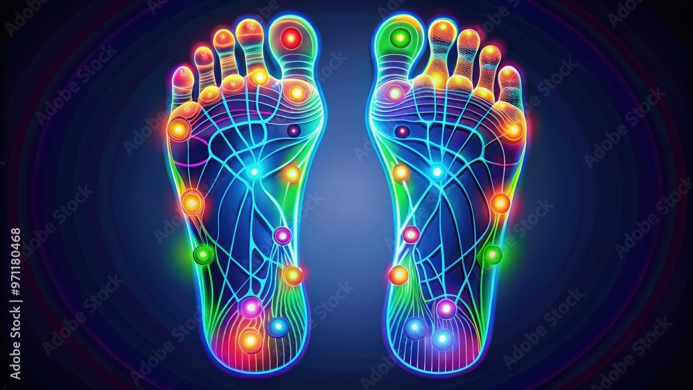 Vibrant neon-lit illustration of a foot reflexology chart, showcasing ...
