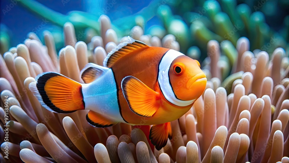 Vibrant orange and white clownfish swims near coral reef, showcasing ...